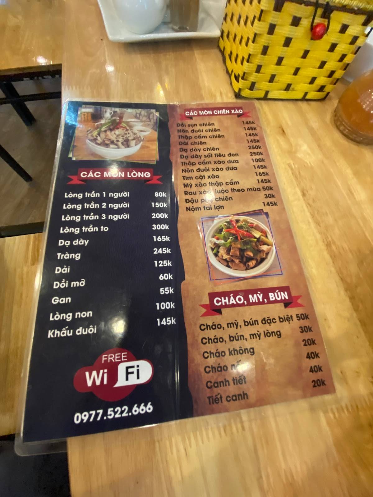 Menu at Lòng Ngon Trần Cháo restaurant, Hanoi