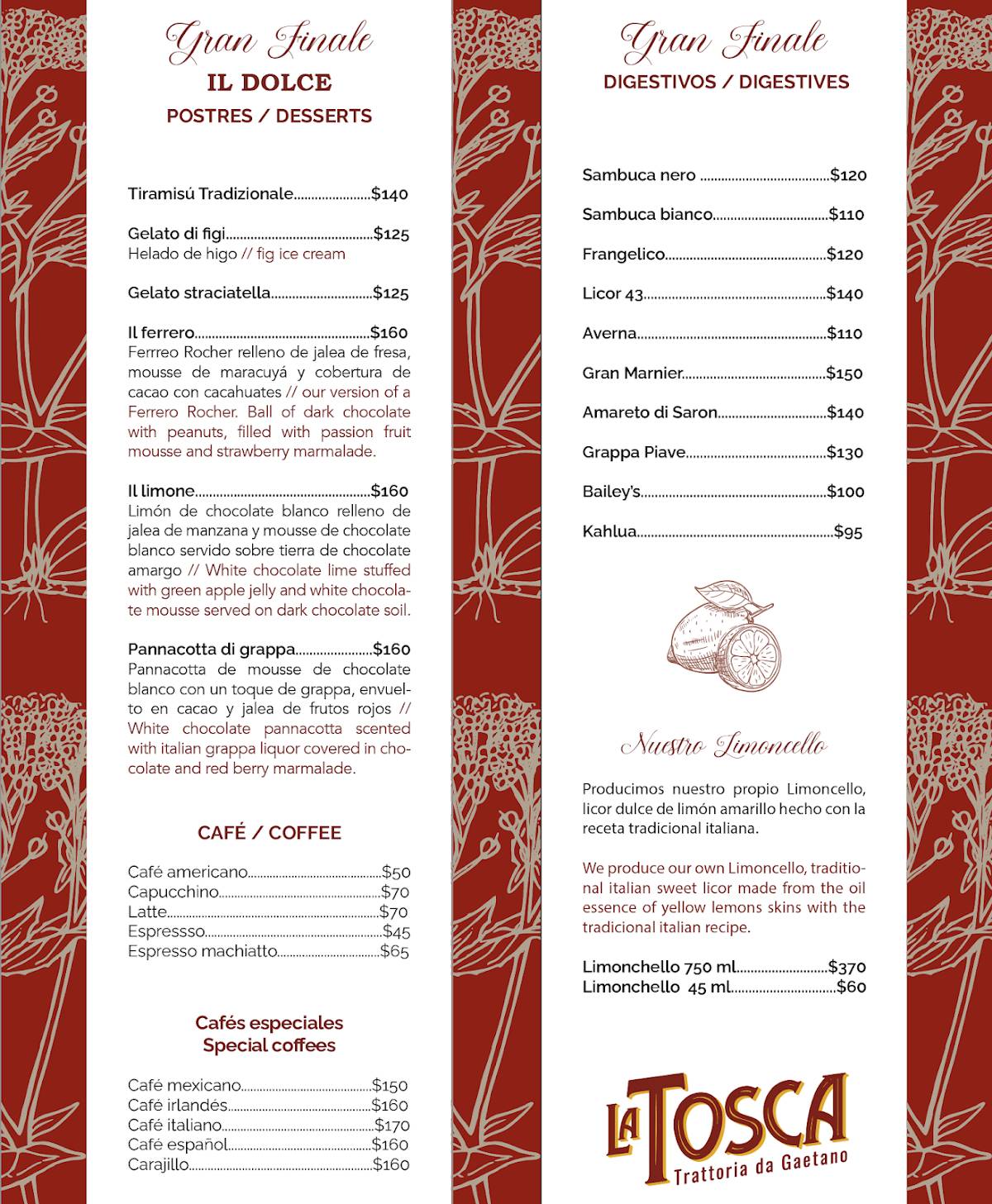 Menu at LA TOSCA TRATTORIA restaurant, Puerto Vallarta