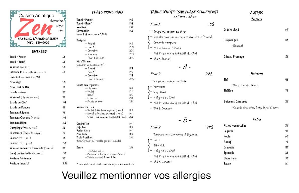 Menu au Zen Restaurant, L'Assomption, 372 Bd de l'Ange-Gardien