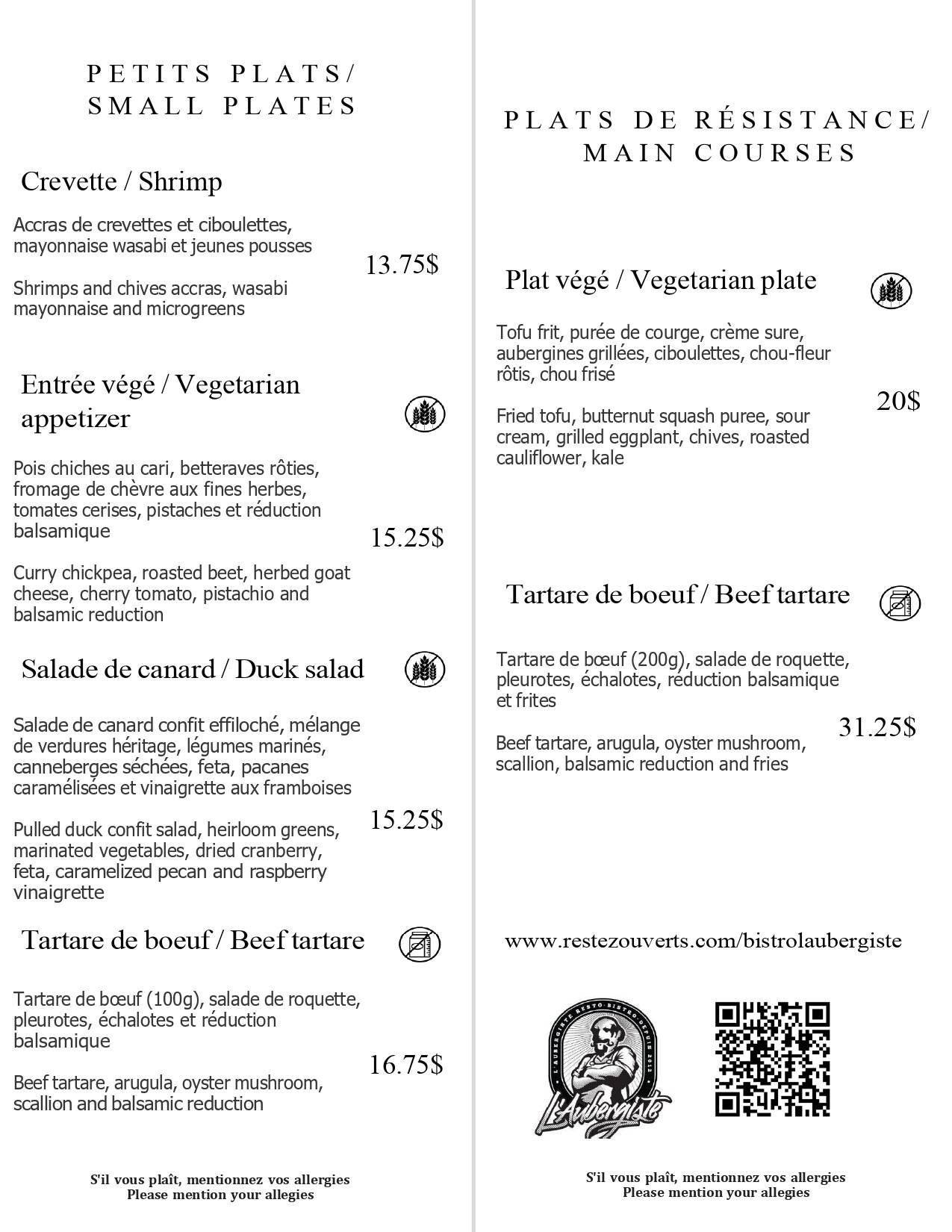 Menu au L'Aubergiste Resto Bistro restaurant, Gatineau