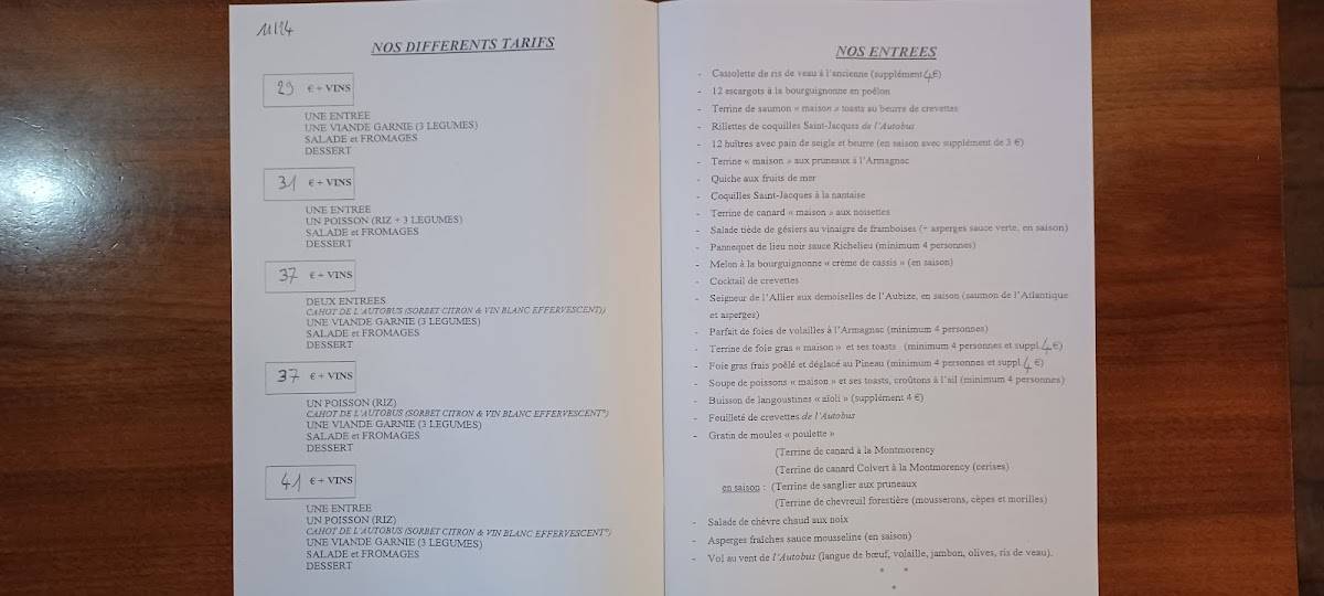 Menu au L'Autobus restaurant, Romagnat
