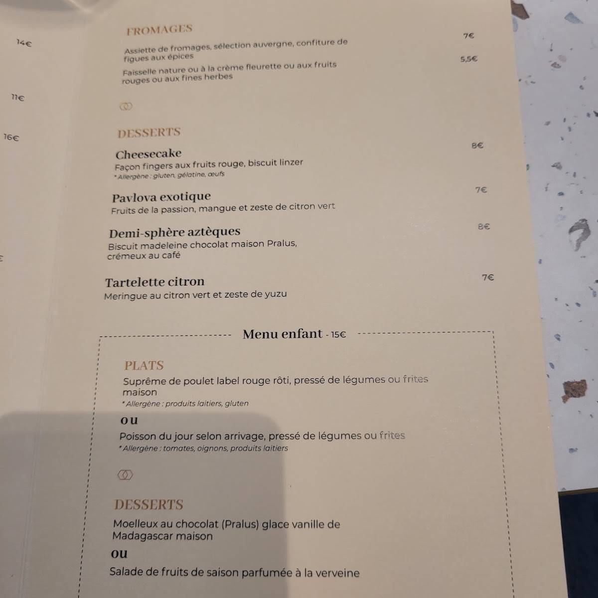 Menu au Le Dôme pub et bar, Roanne
