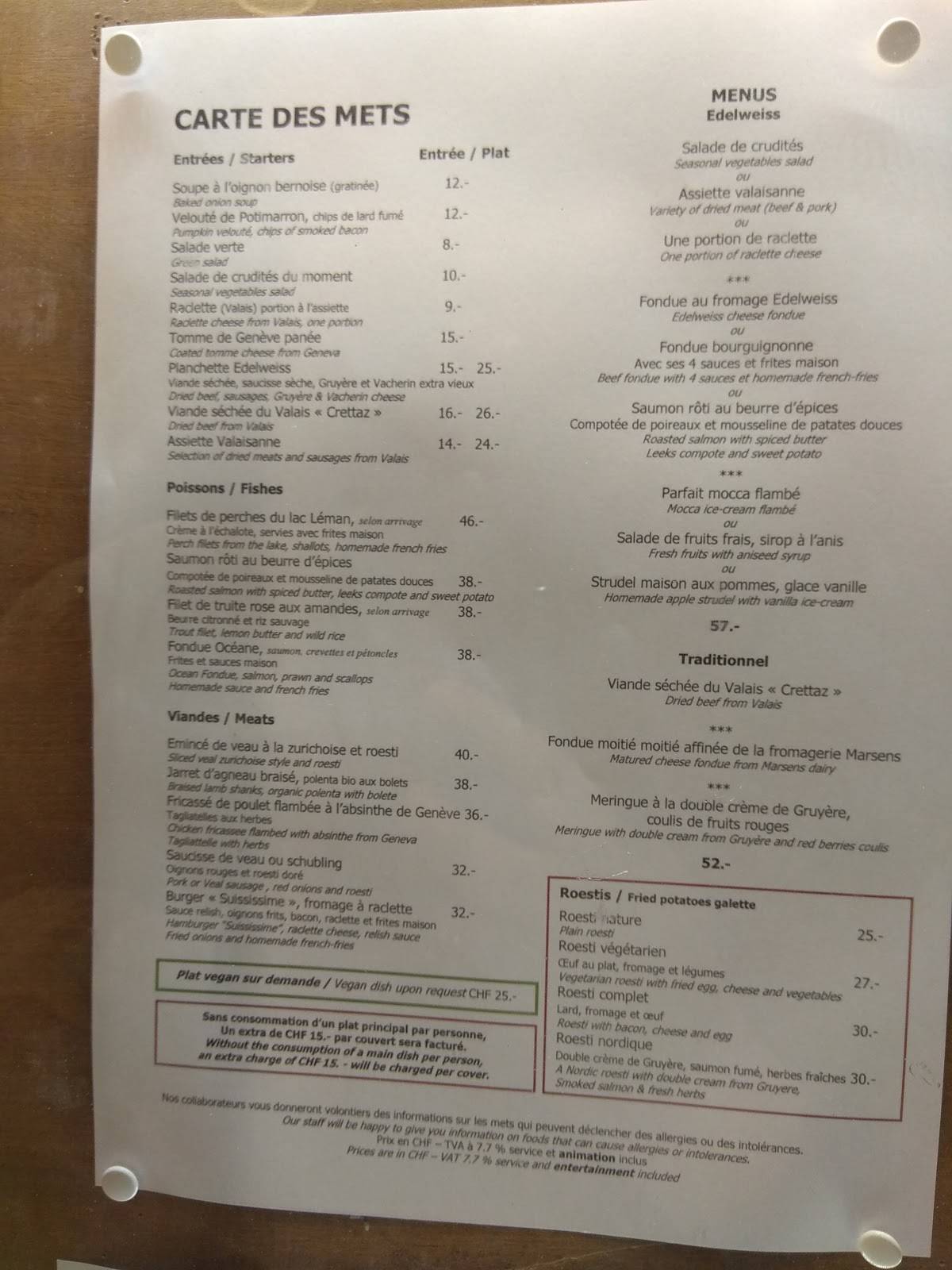 Menu at L'Edelweiss, Geneva, Pl. de la Navigation 2