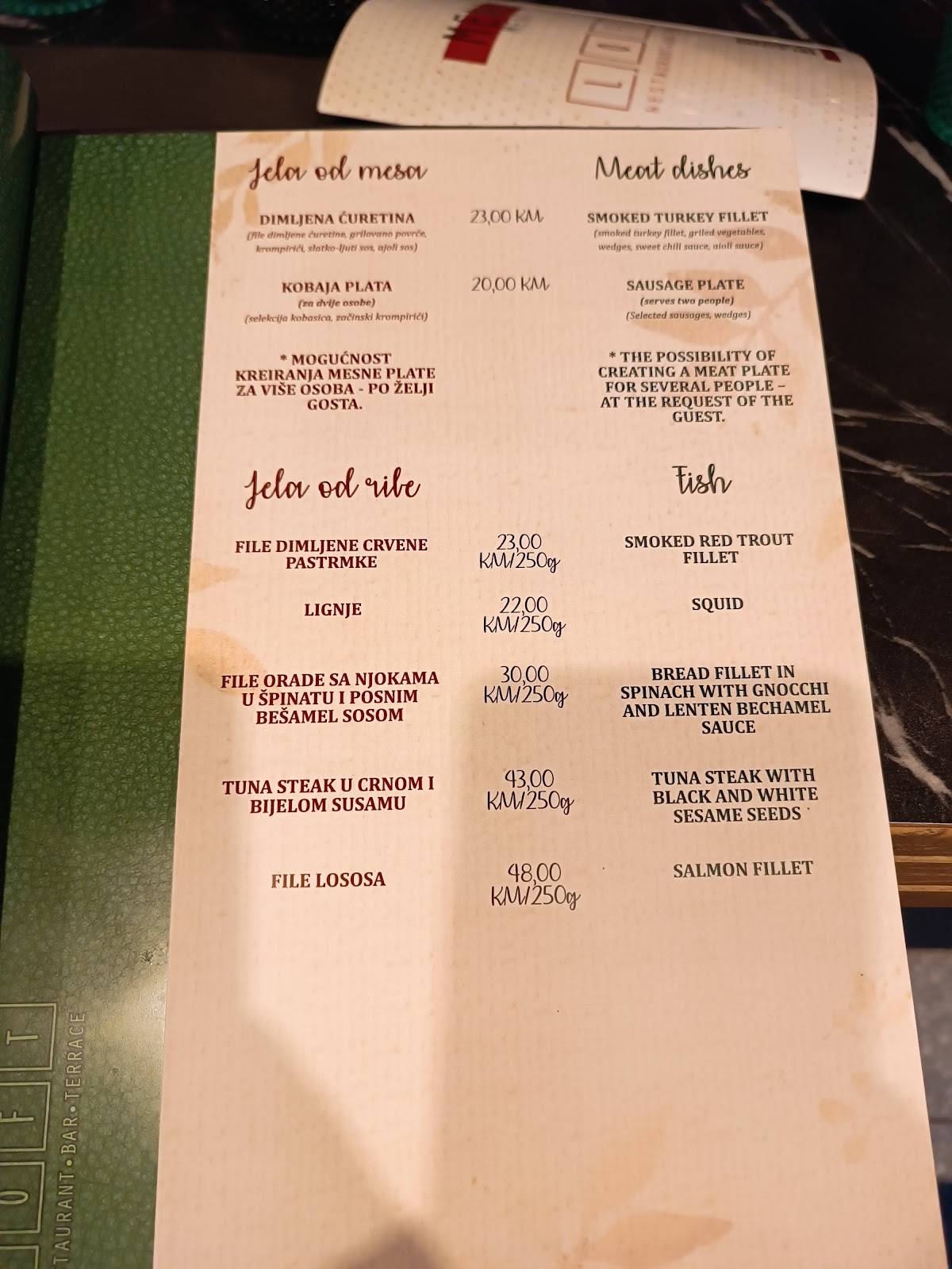 Menu at LOFT restaurant, Lukavica