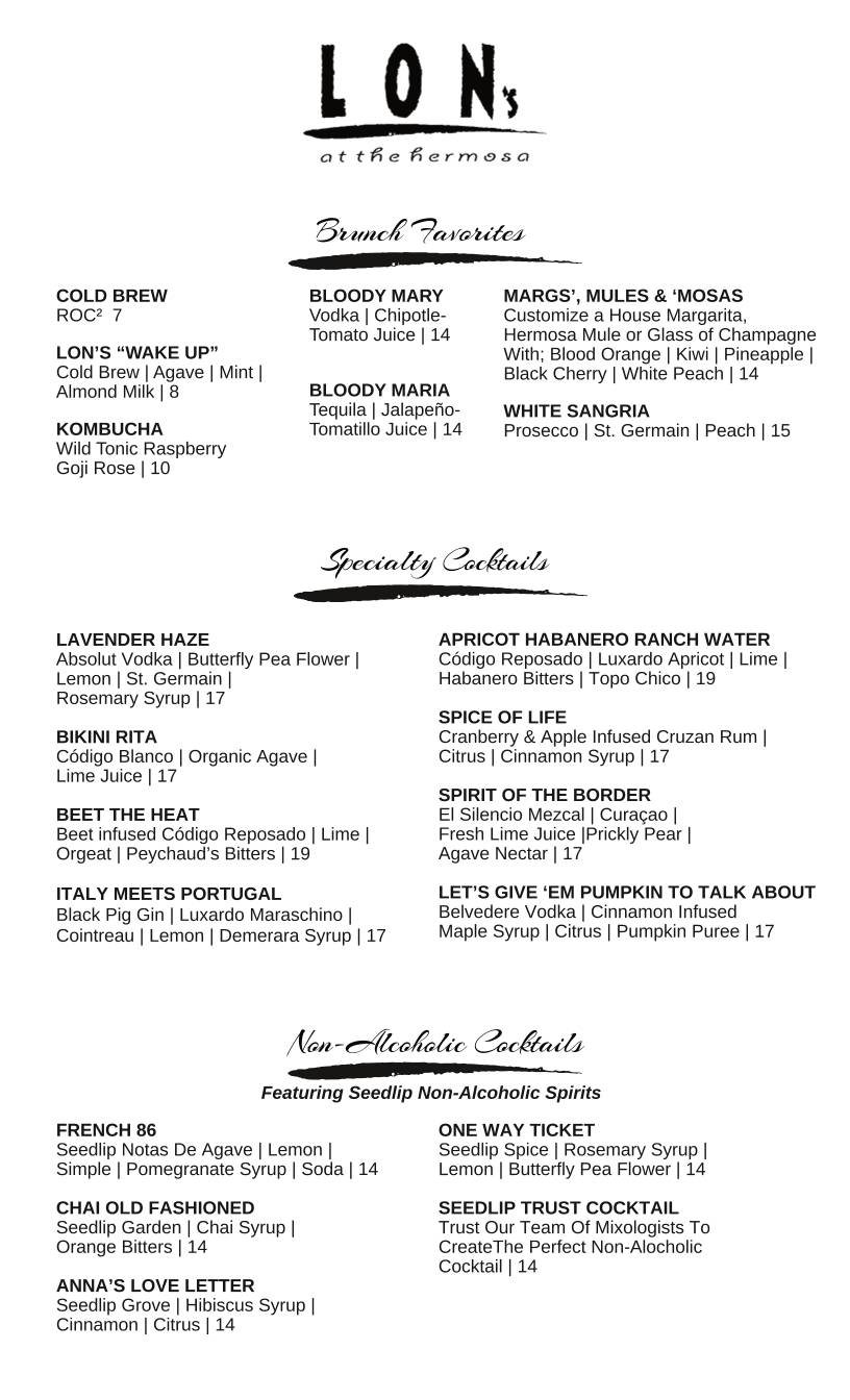Menu at LON’s at The Hermosa Inn pub & bar, Paradise Valley
