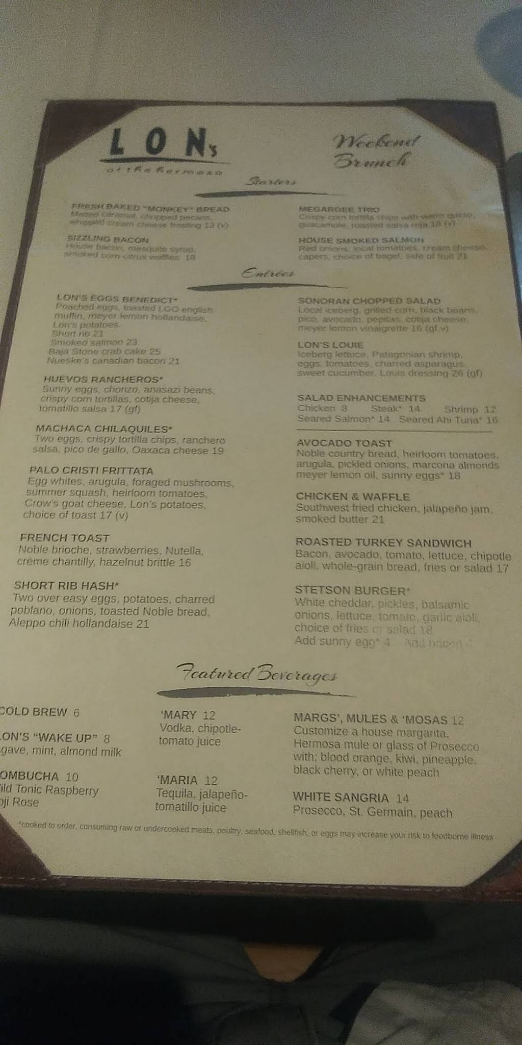 Menu at LON’s at The Hermosa Inn pub & bar, Paradise Valley