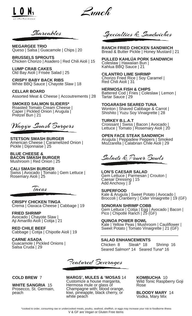 Menu at LON’s at The Hermosa Inn pub & bar, Paradise Valley