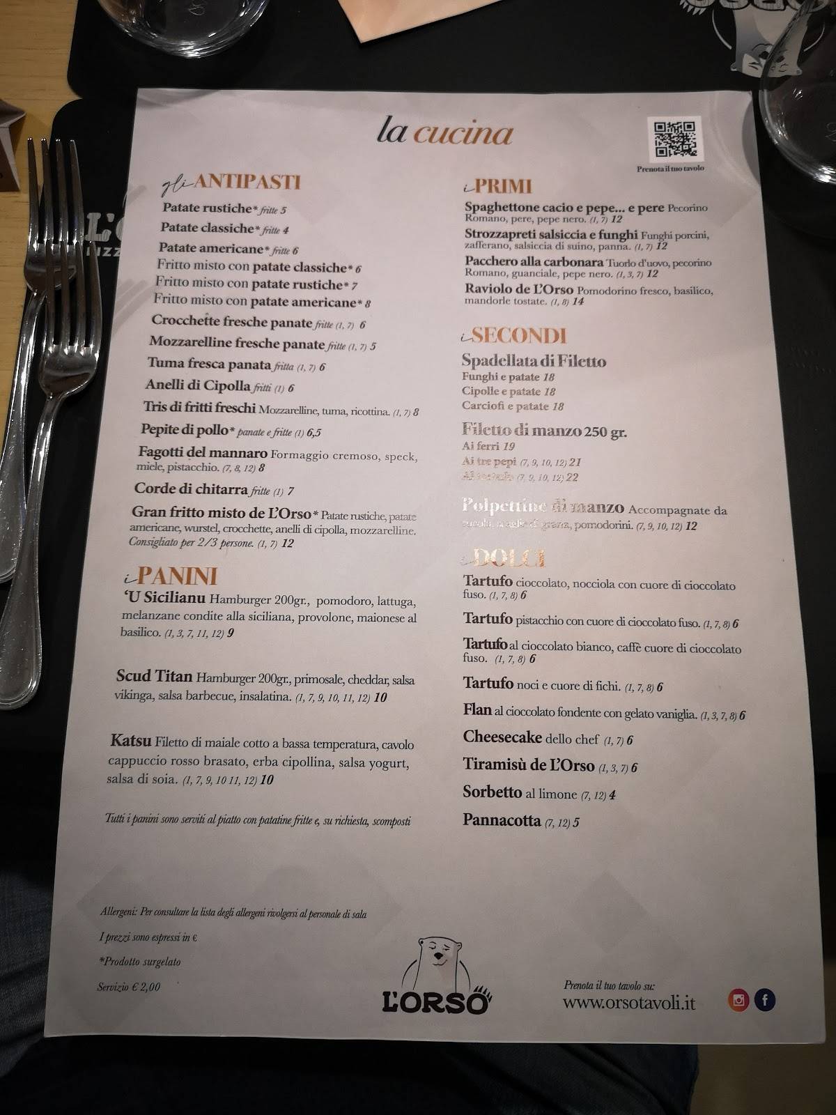 Menu da L'Orso ristorante, Messina, Via Pasquale Calapso