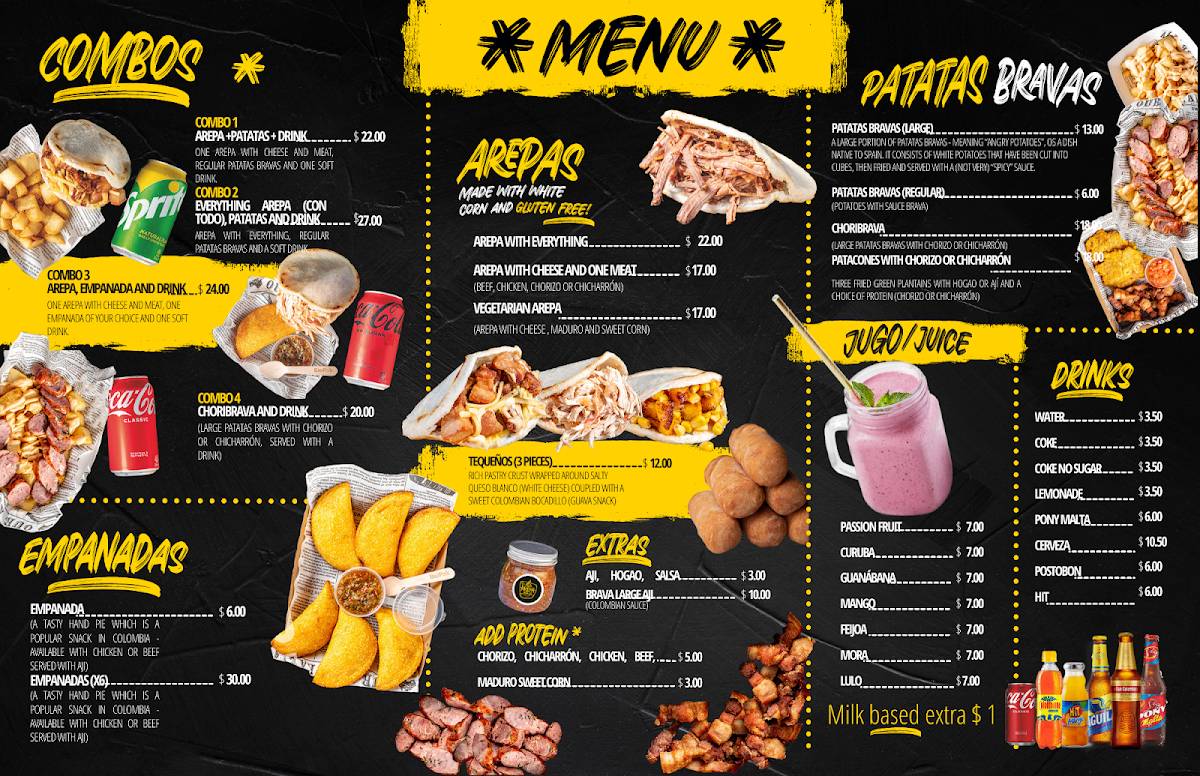 Menu at La Arepa Brava restaurant, Fortitude Valley