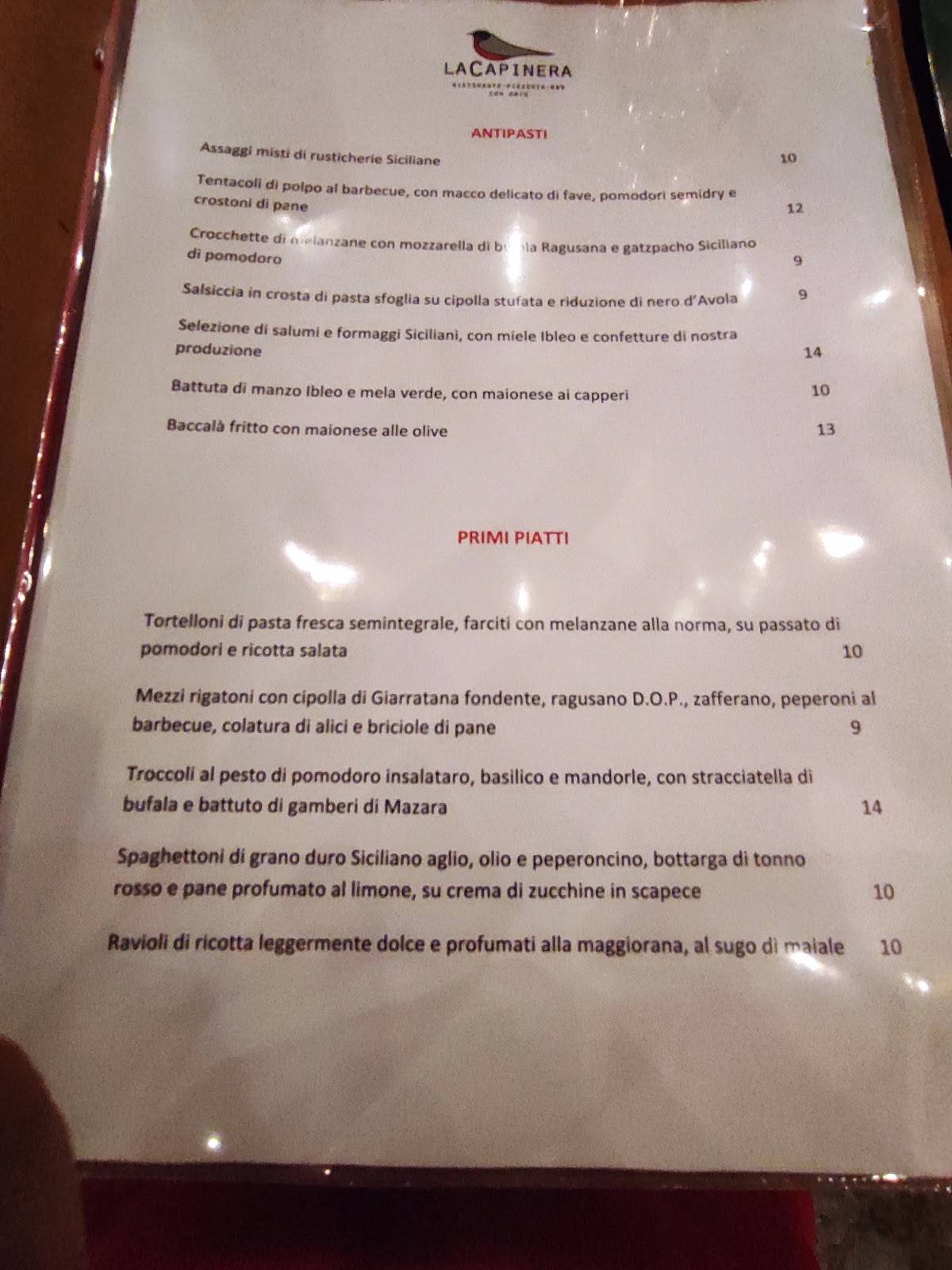 Menu da La Capinera ristorante, Ragusa, C.da Arancelli