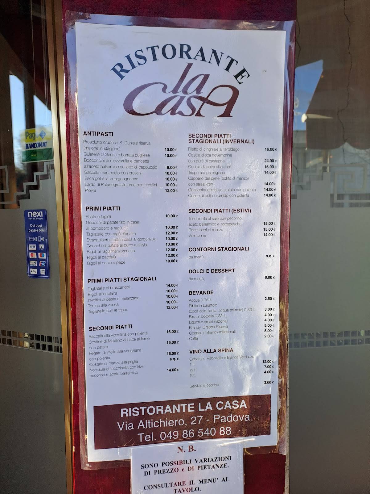 Menu da La Casa ristorante, Padova