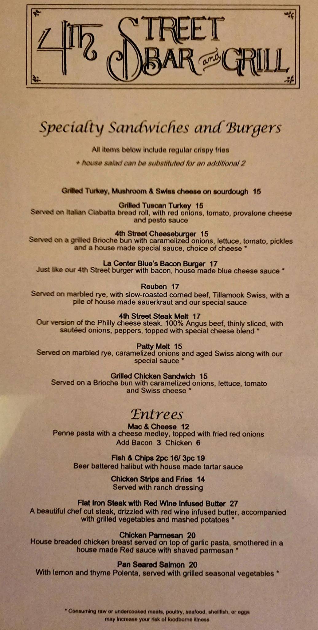Menu at 4th Street Bar and Grill, La Center, 107 E 4th St