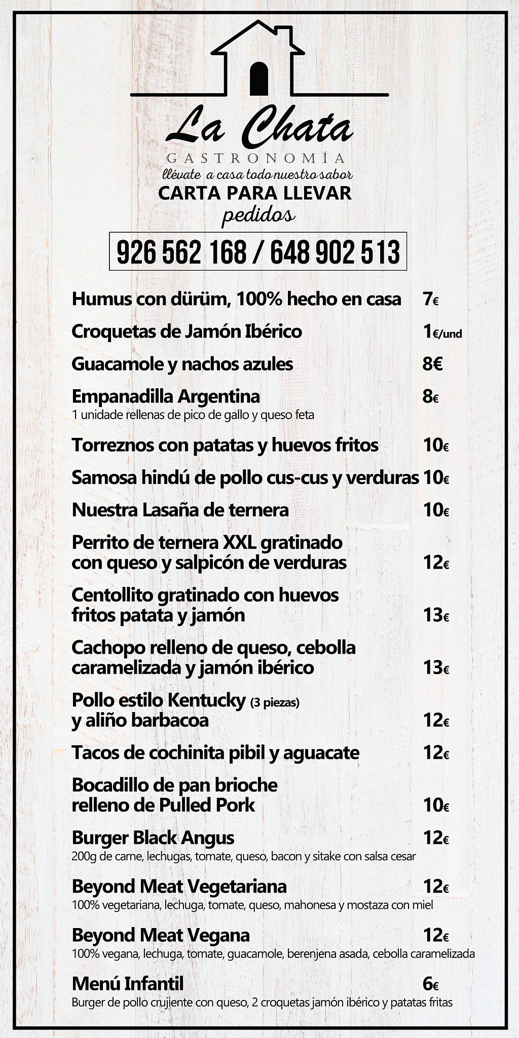 Carta de Restaurante La Chata Gastronomia, Alcázar de San Juan