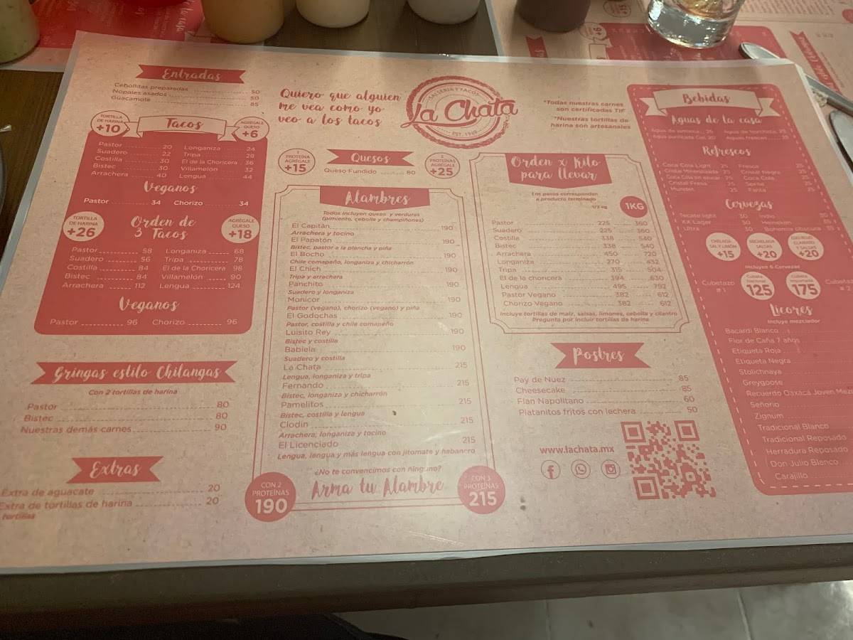 Menu at La Chata Salsería y Tacos restaurant, Merida