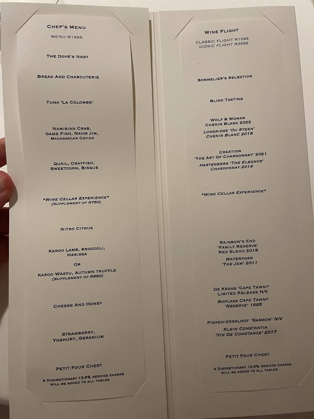 Menu au La Colombe Restaurant, Le Cap, Silvermist Wine Estate