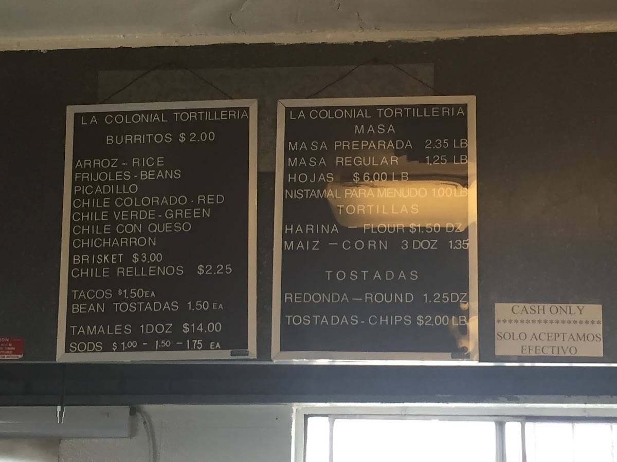 Menu at La Colonial Tortilla Factory restaurant, El Paso