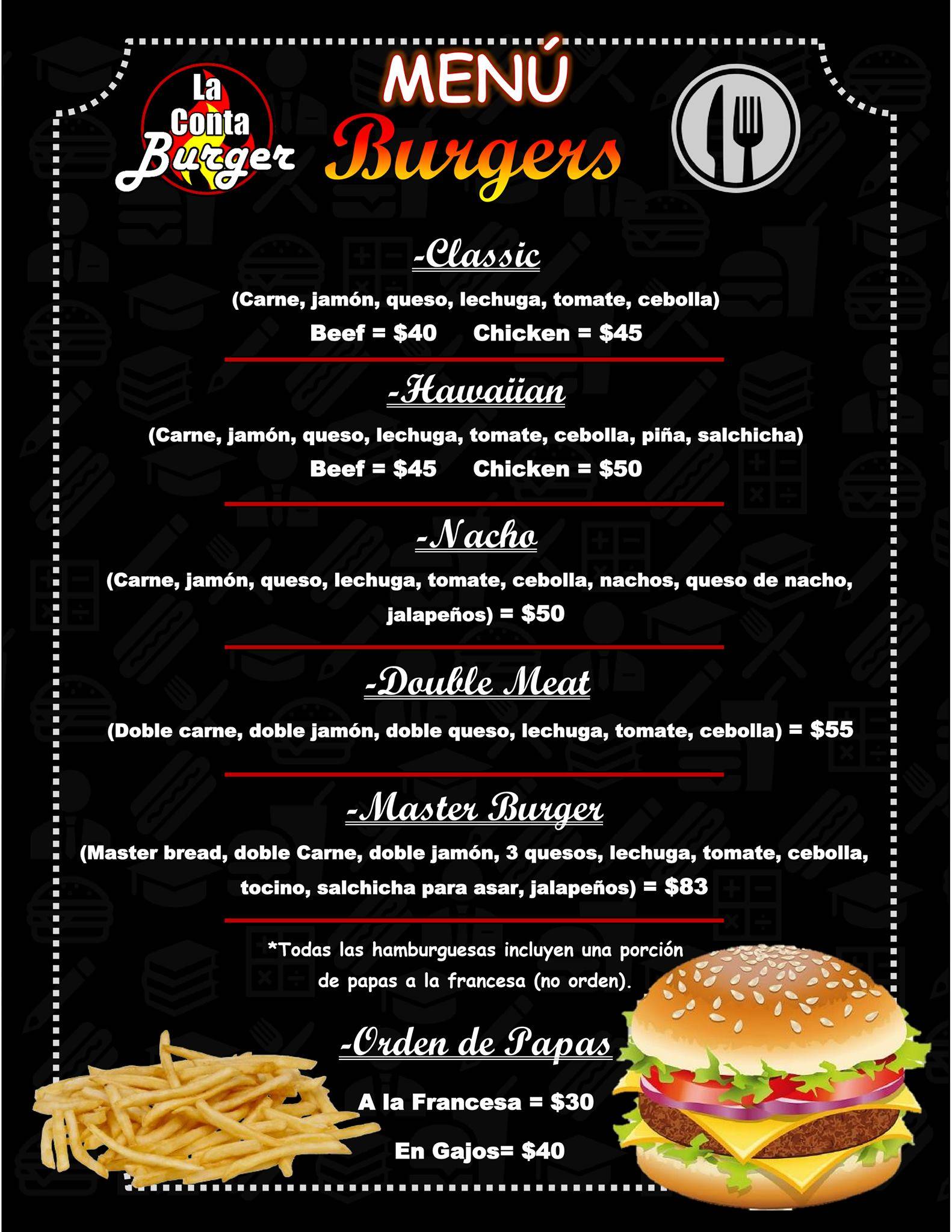 Carta del restaurante La Conta Burger, Campeche