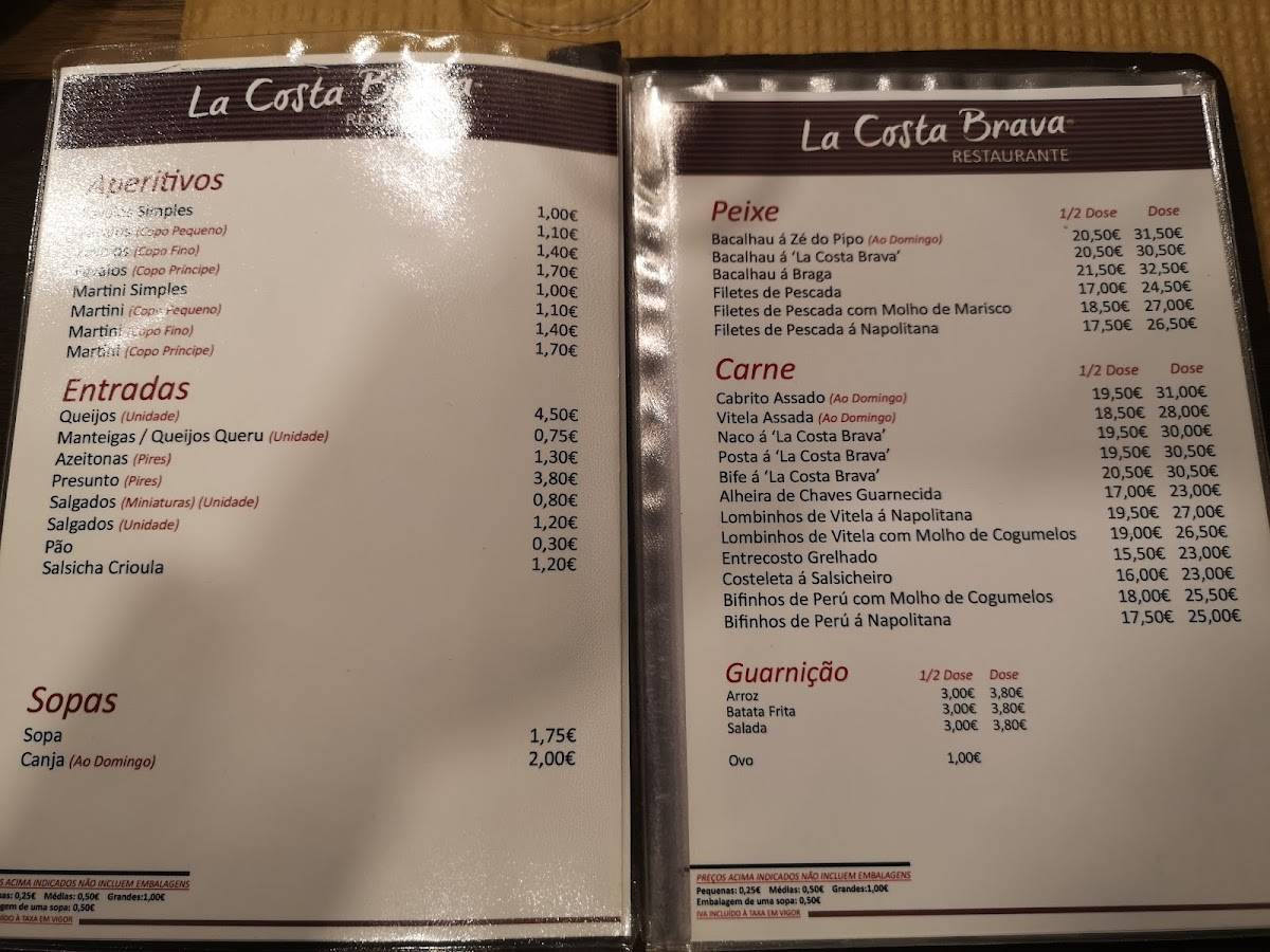 Menu em La Costa Brava restaurante, Maia