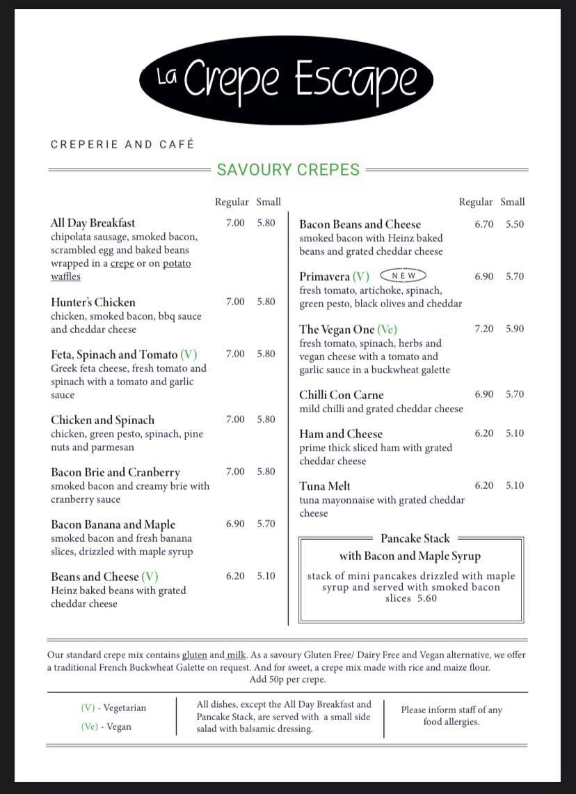 Menu at La Crepe Escape cafe, Princes Risborough