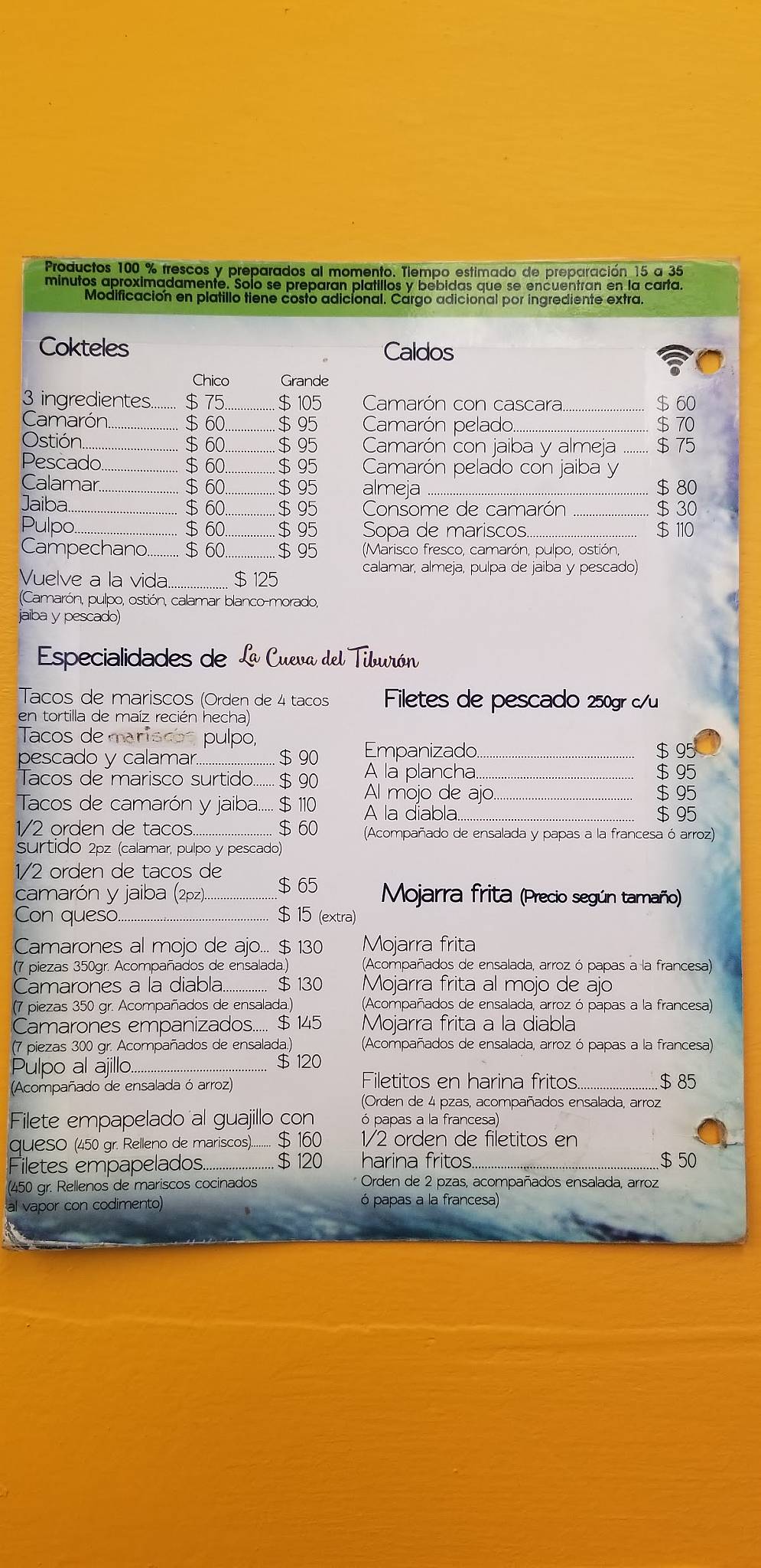 Carta del restaurante La Cueva del Tiburon, Ciudad del México, CALLE ...