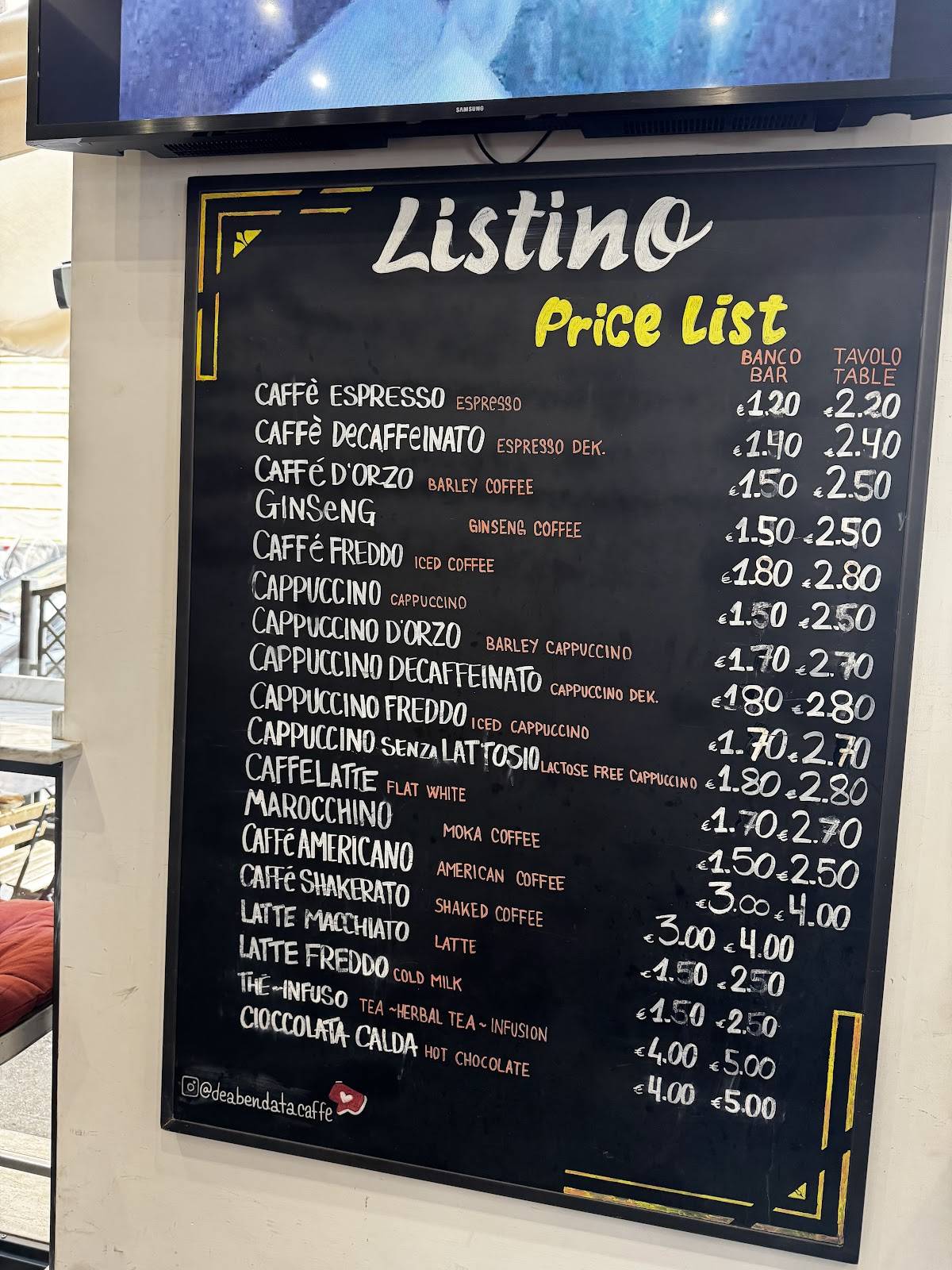 Menu da La Dea Bendata Caffè self-service, Roma, Via di Porta Castello