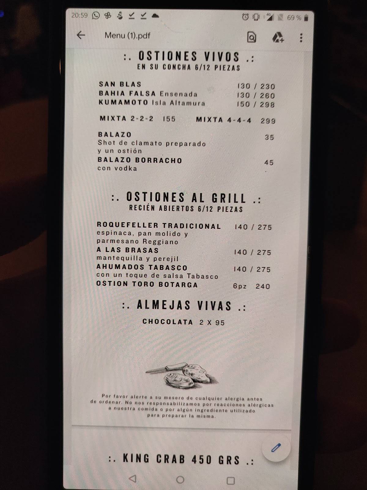 Carta del restaurante La Docena Sao Paulo, Guadalajara