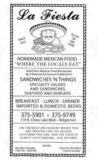 Menu at La Fiesta Mexican Restaurant, Ridgecrest