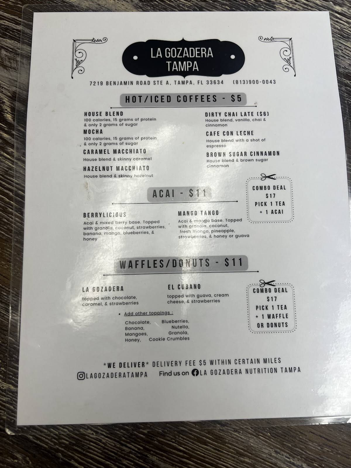 Menu at La Gozadera Tampa cafe, Tampa