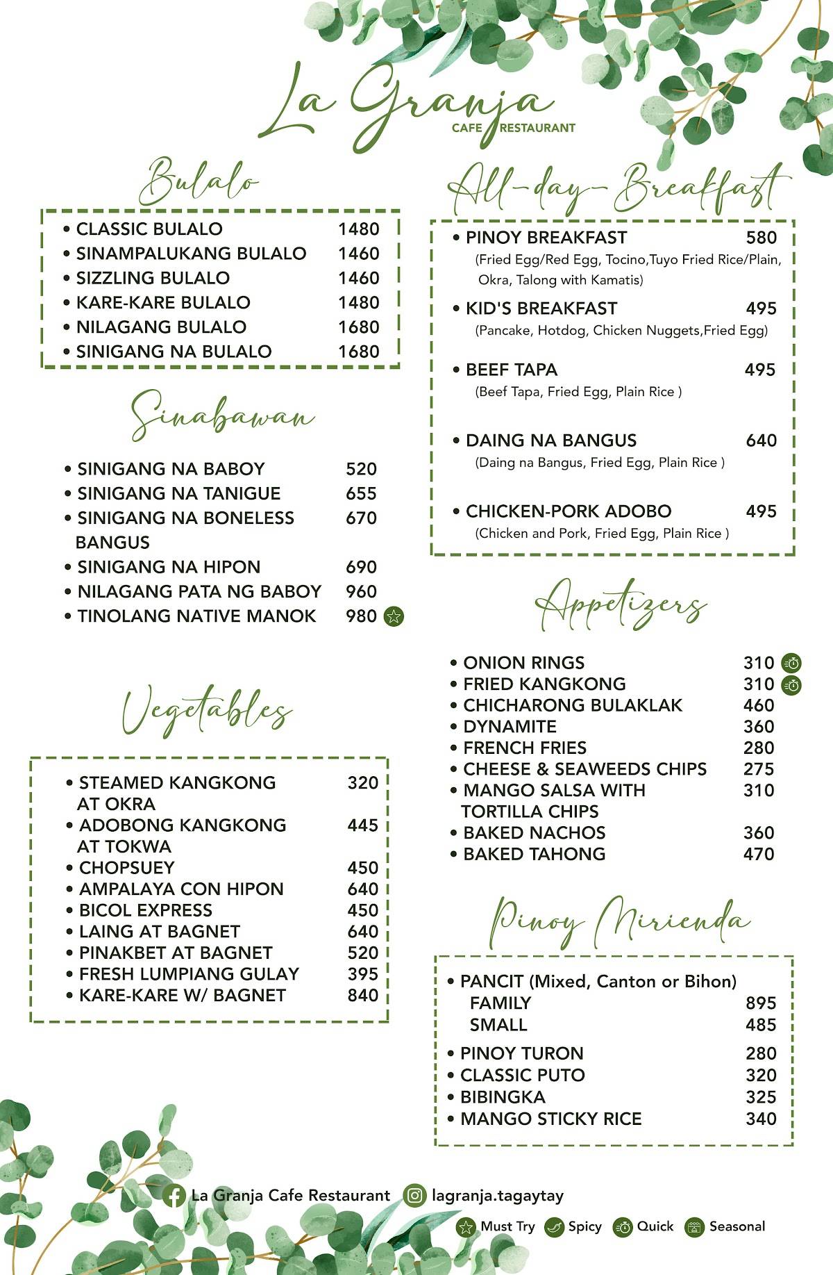 Menu at La Granja Café Restaurant, Tagaytay