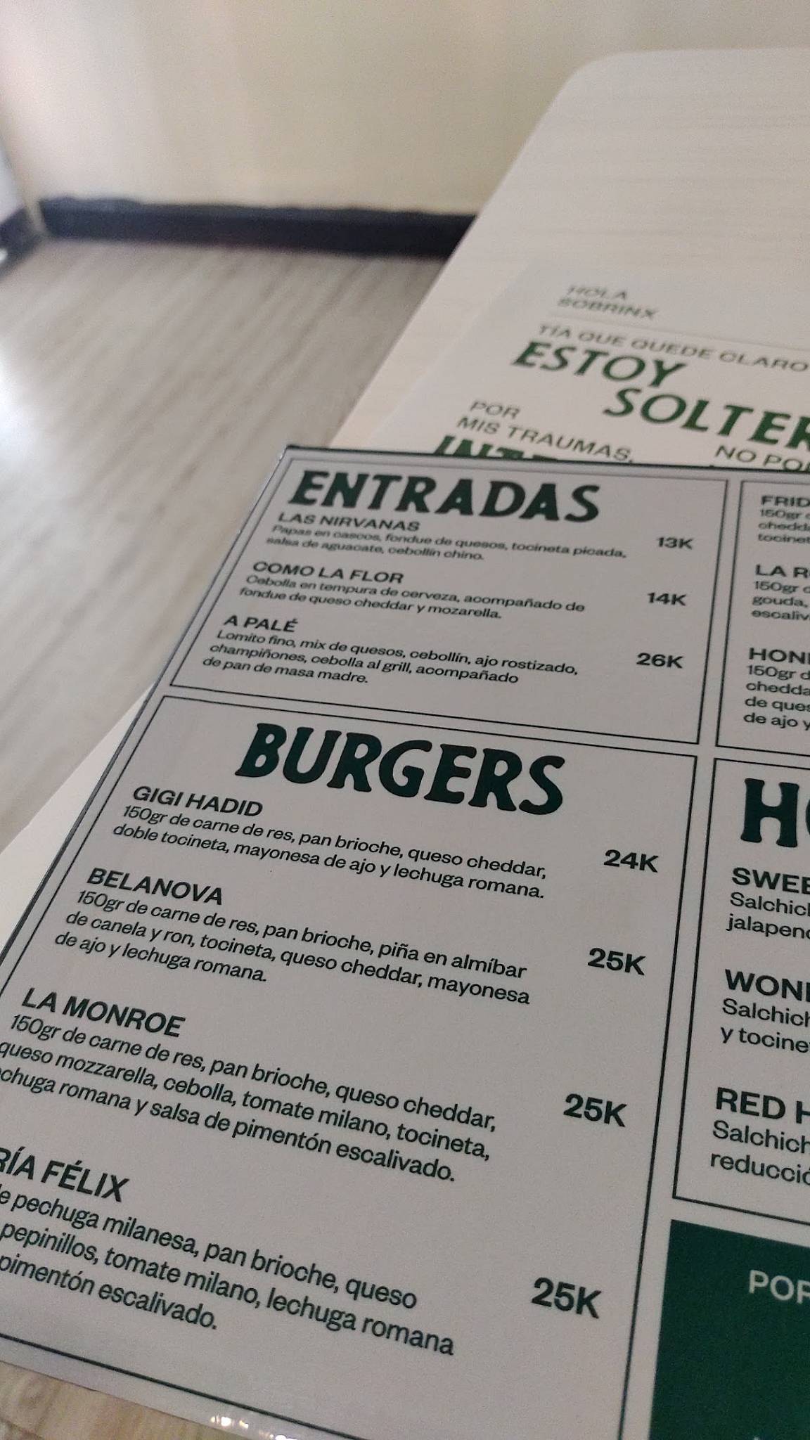 Menu at La Guapa restaurant, Barranquilla