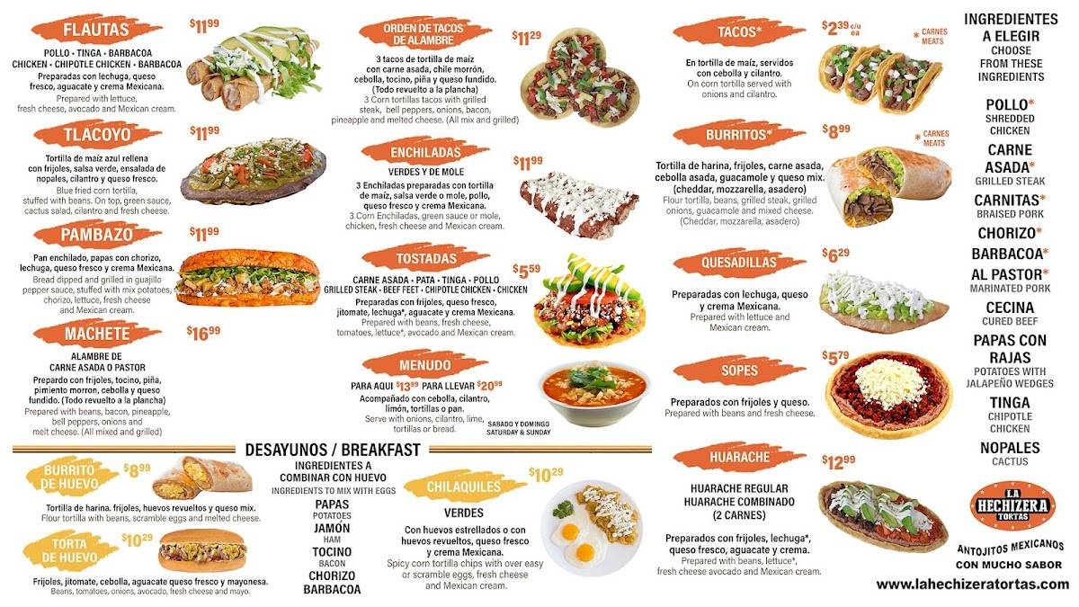 Carta del restaurante La Hechizera Tortas, Dallas, Jefferson Blvd