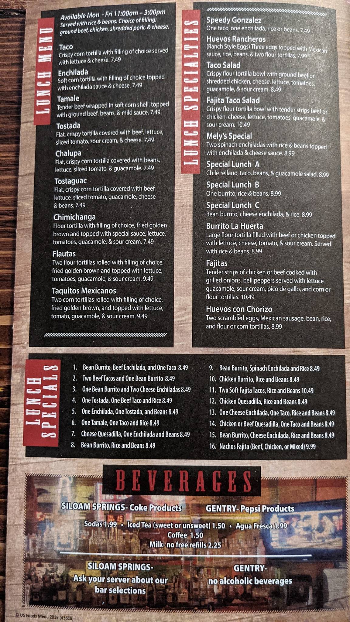 Menu at La Huerta Mexican Restaurant, Gentry