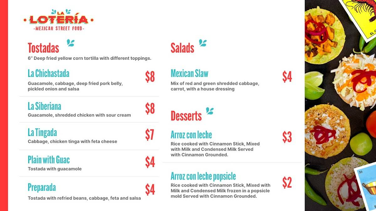Menu au La Loteria, Mexican Street Food restaurant, Vancouver