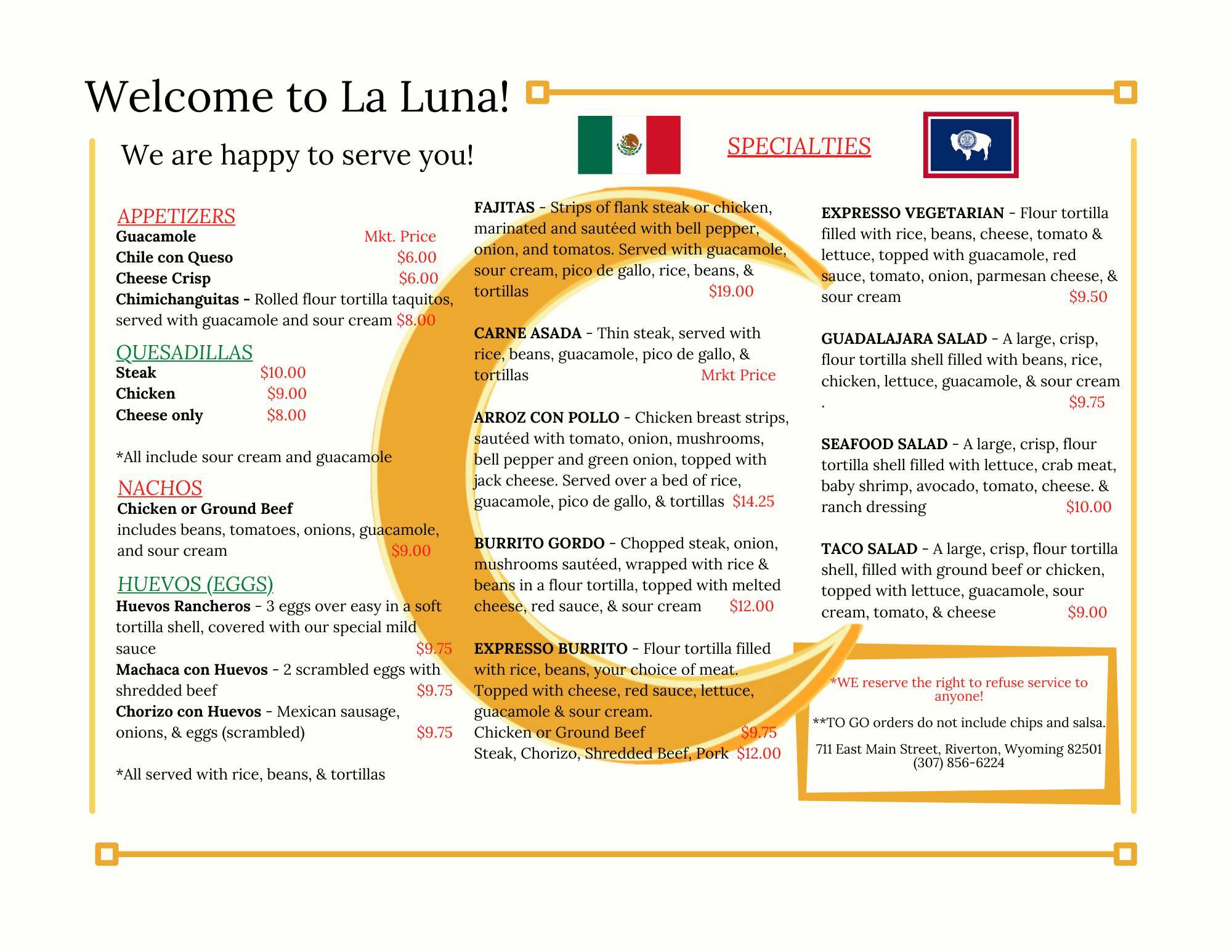 Menu at La Luna restaurant, Riverton