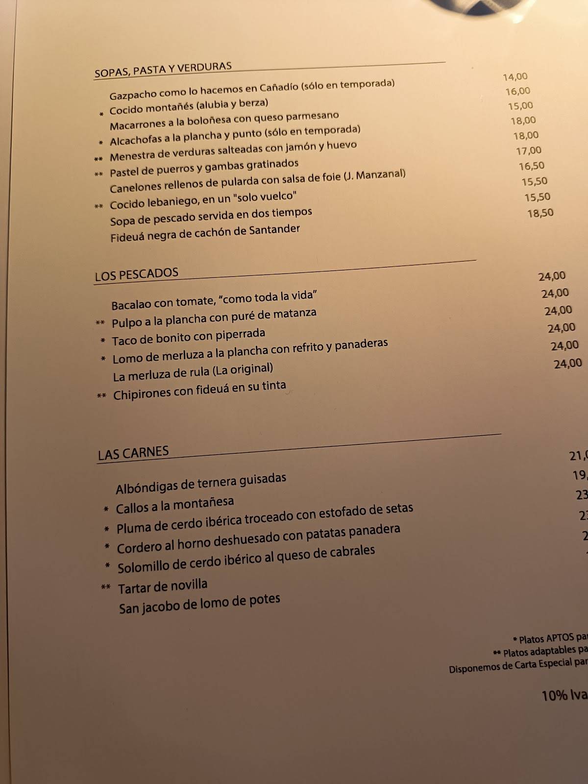 Carta del restaurante La Maruca, Madrid, P.º del la Castellana