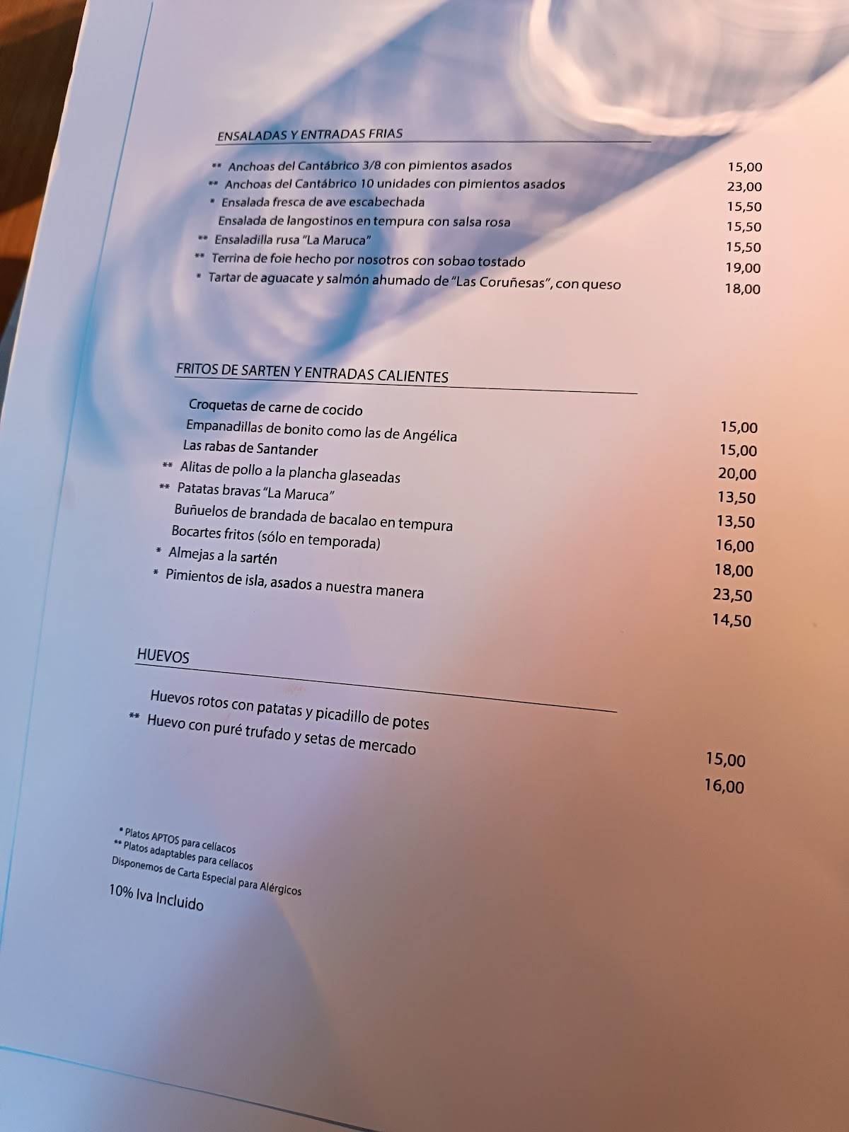 Carta del restaurante La Maruca, Madrid, P.º del la Castellana