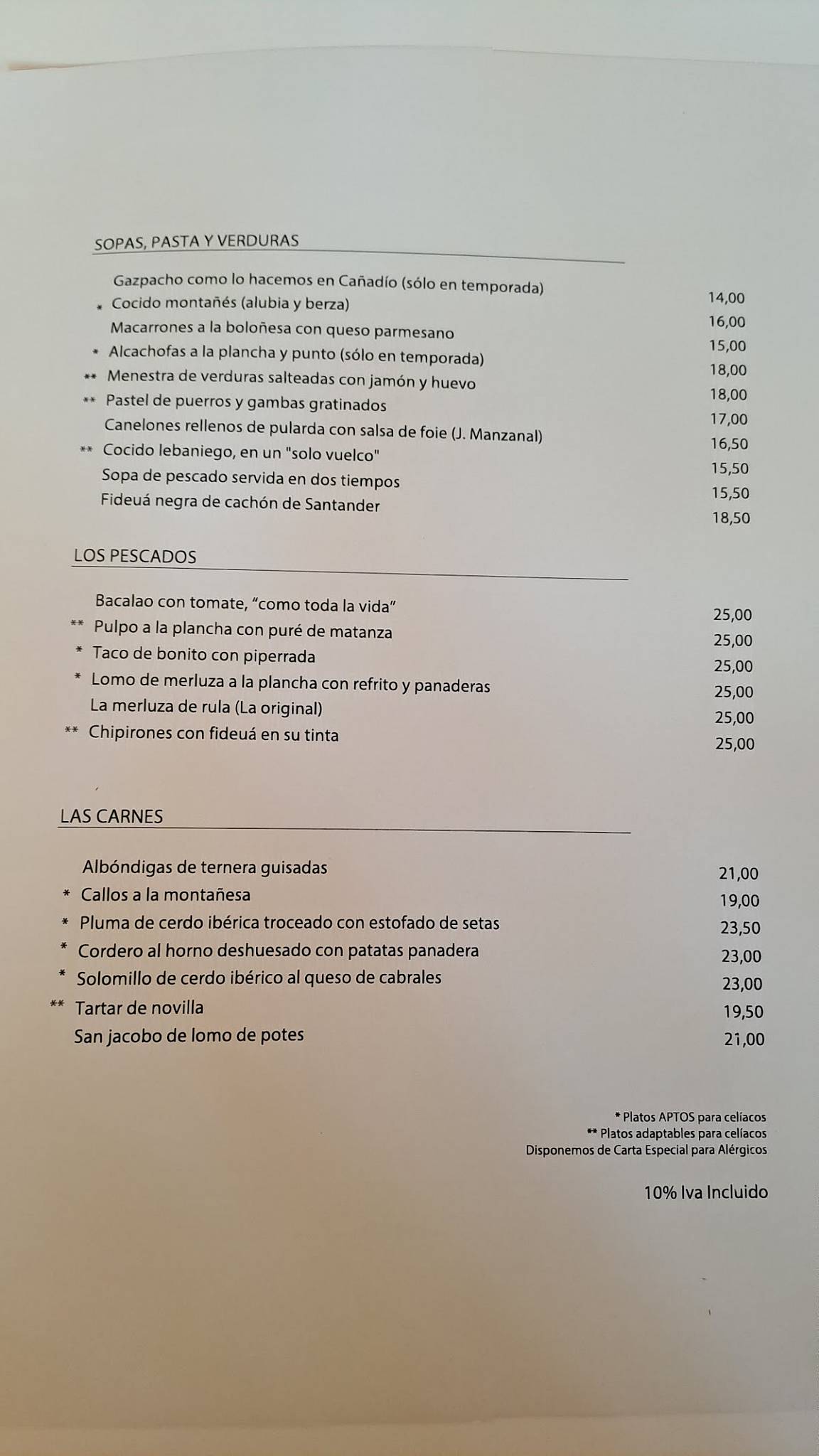 Carta del restaurante La Maruca, Madrid, P.º del la Castellana