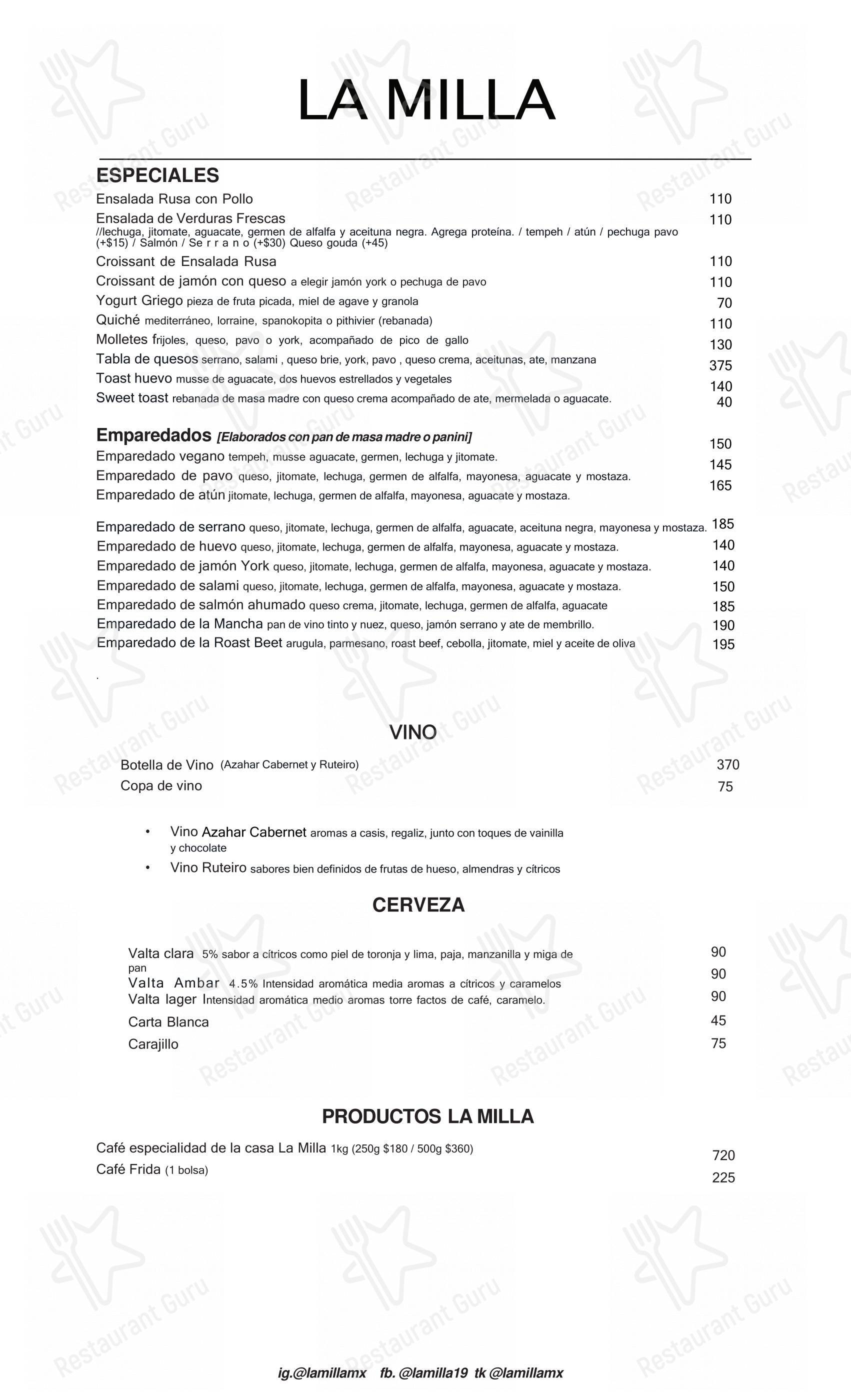 Menu at La Milla restaurant, Mexico City
