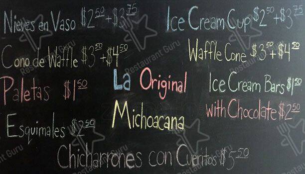 Menu at La Original Michoacana restaurant, Dallas