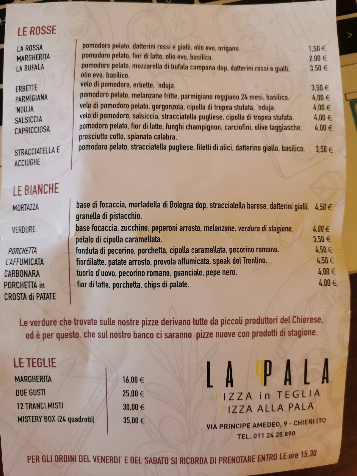 Menu da La Pala - Pizza al taglio ristorante, Chieri