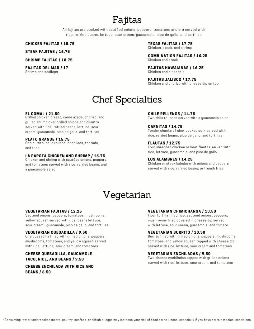 Menu at La Parota Mexican Restaurant, Farmville, S Main St