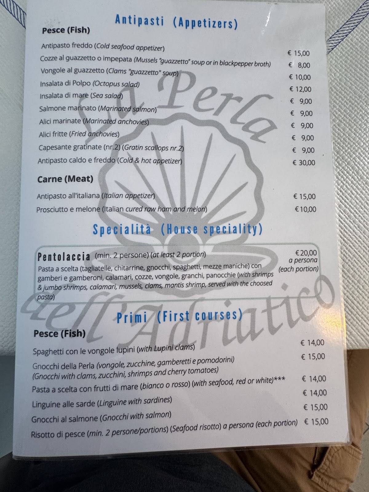 Menu da La Perla dell'Adriatico Ristorante, Porto San Giorgio, Via San ...