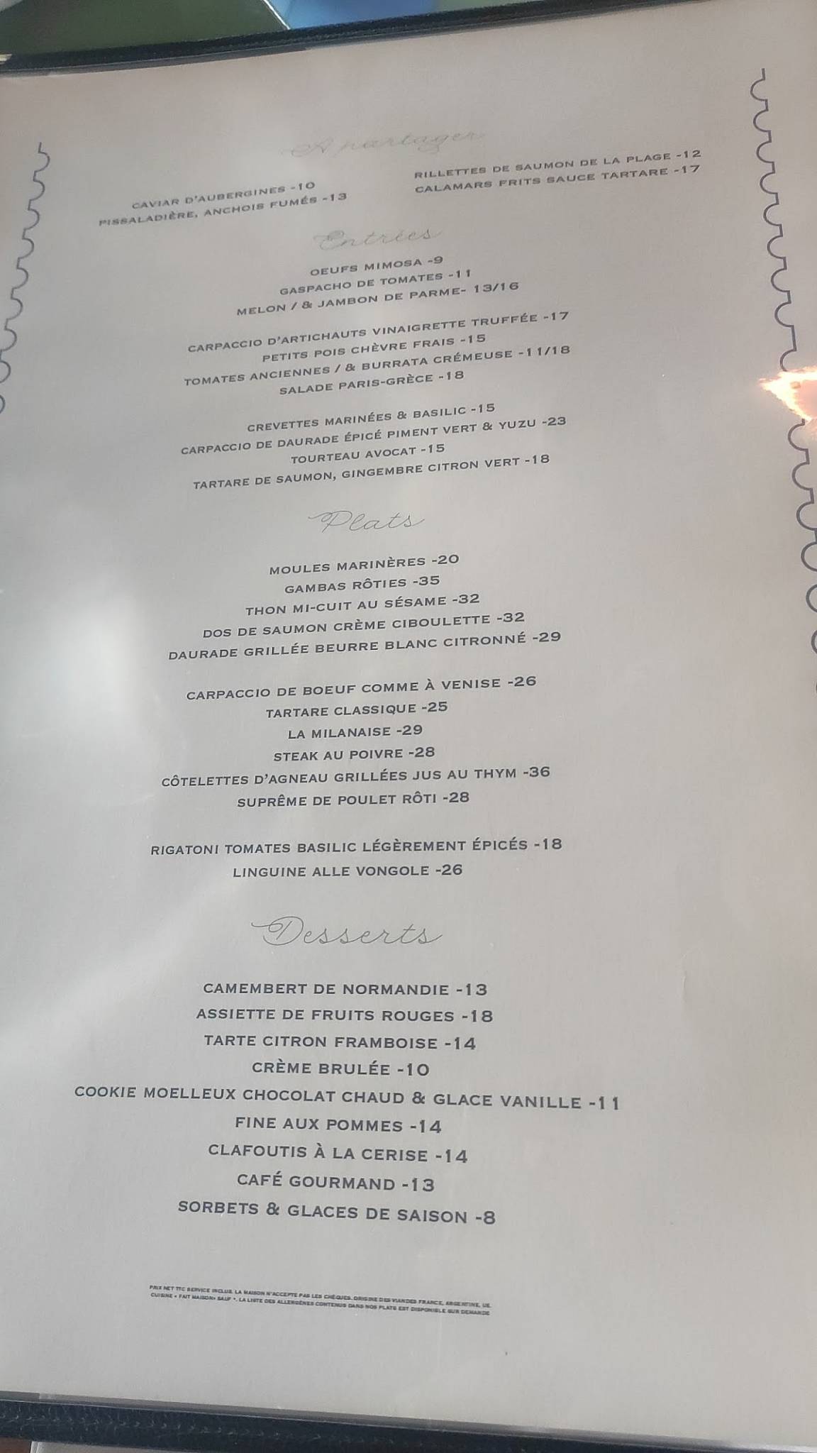 Menu at La Plage Parisienne restaurant, Paris, Port de Javel Haut