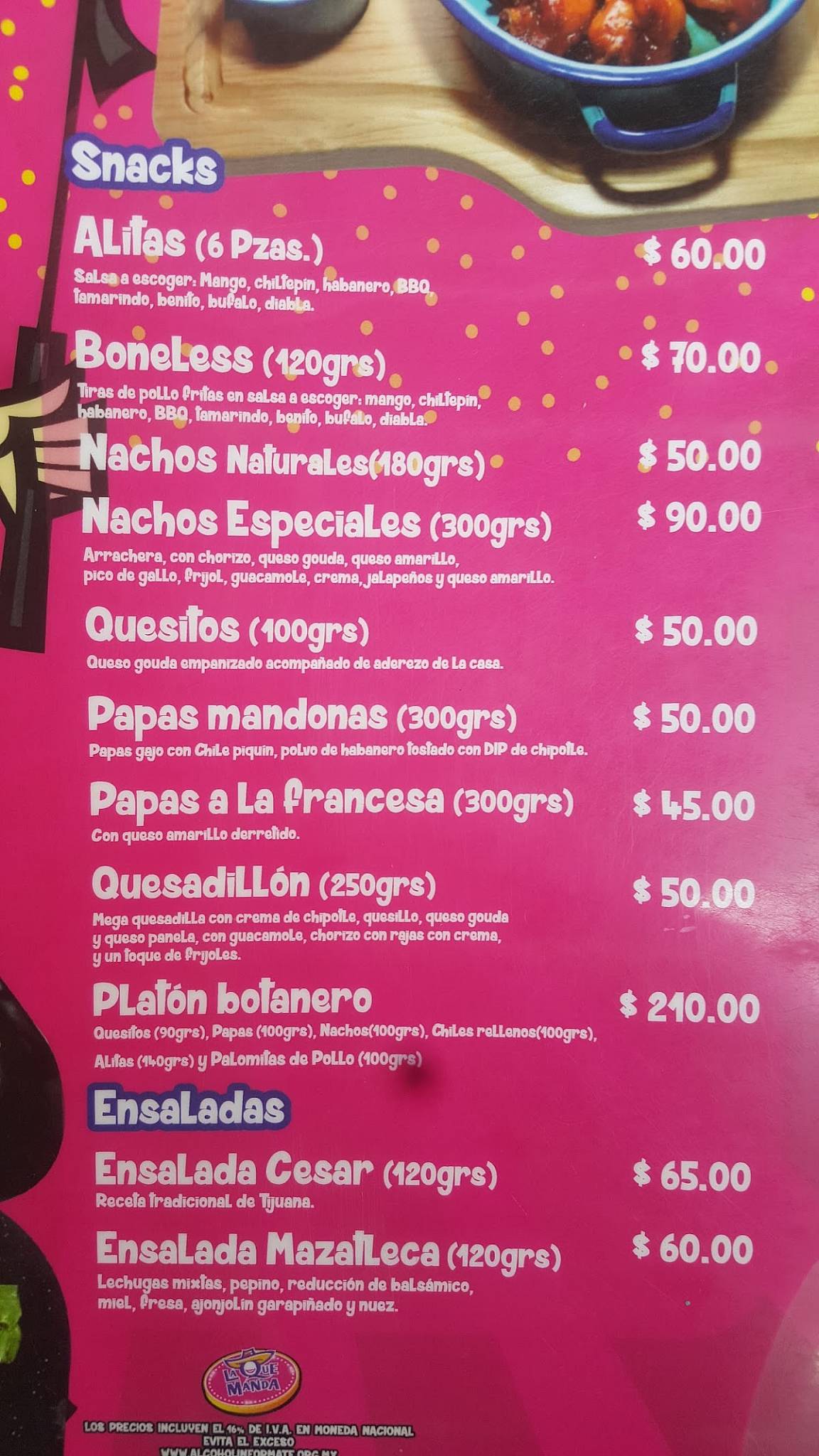 Carta del pub y bar La Que Manda Satélite, Naucalpan del Juárez ...