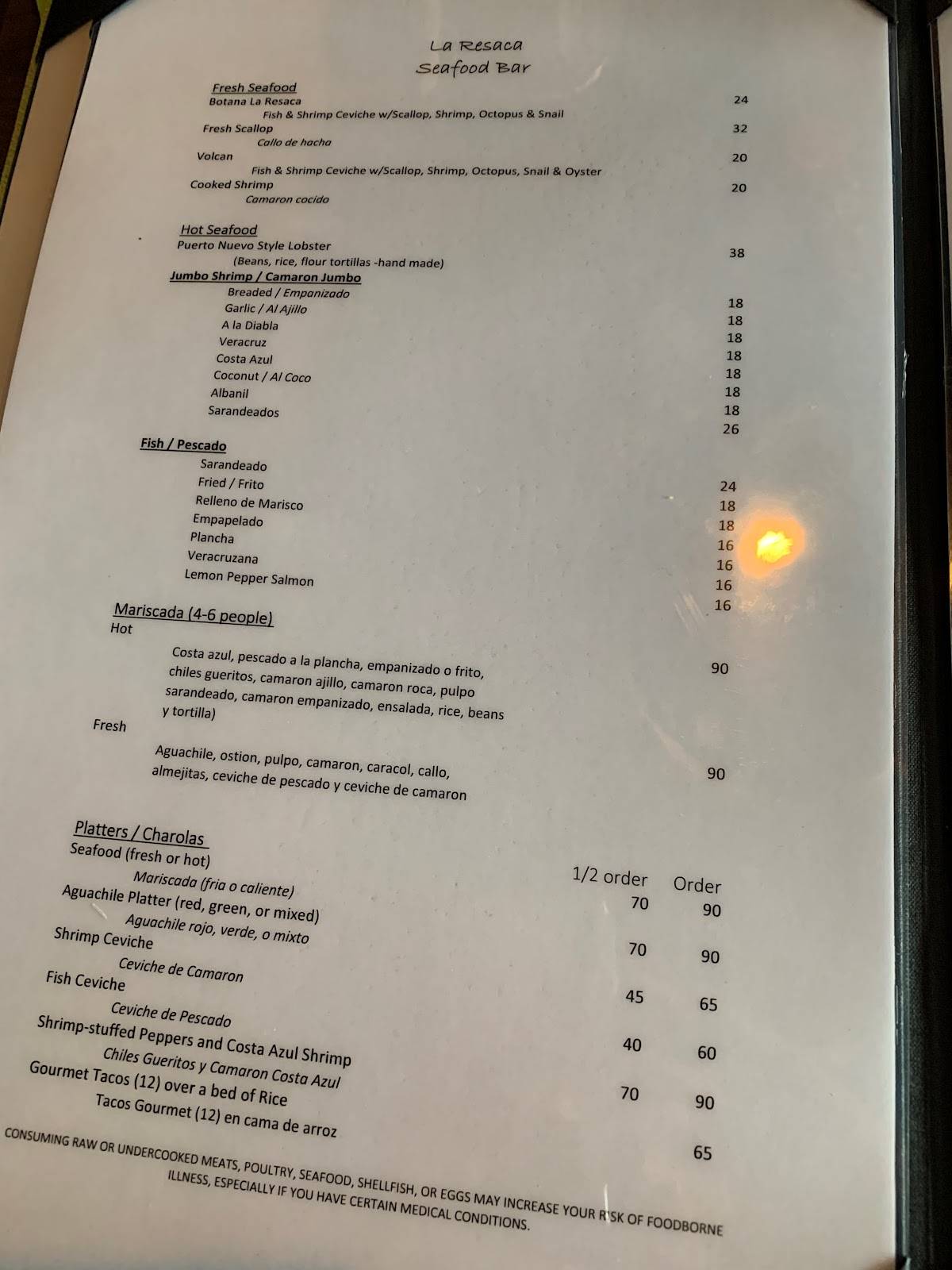 Carta del pub y bar La Resaca, Calexico, 221 Avenue Campillo