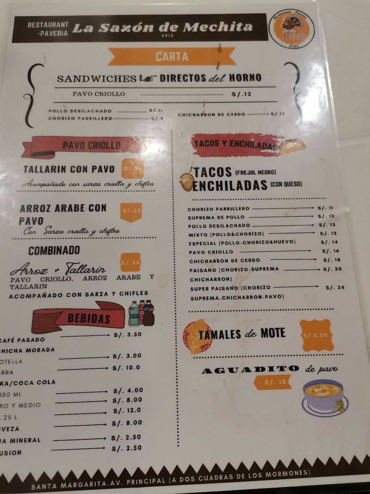 Menu at La Sazón de Mechita restaurant, Piura