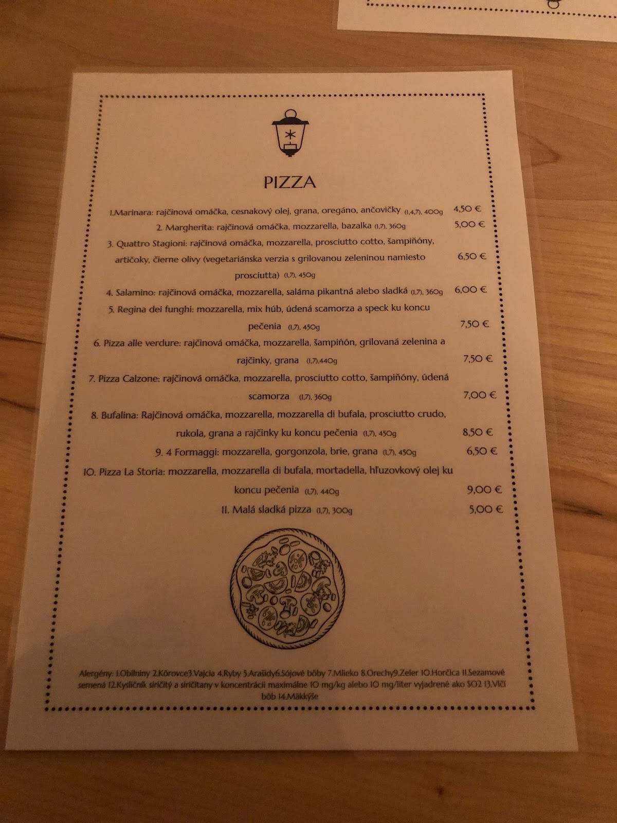 Menu at La Storia restaurant, Bytča