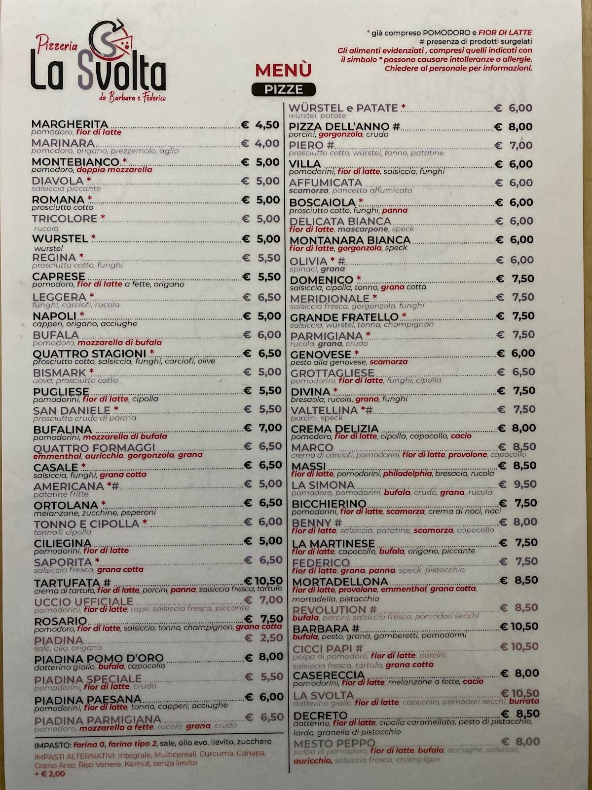 Menu da La Svolta ristorante, Grottaglie