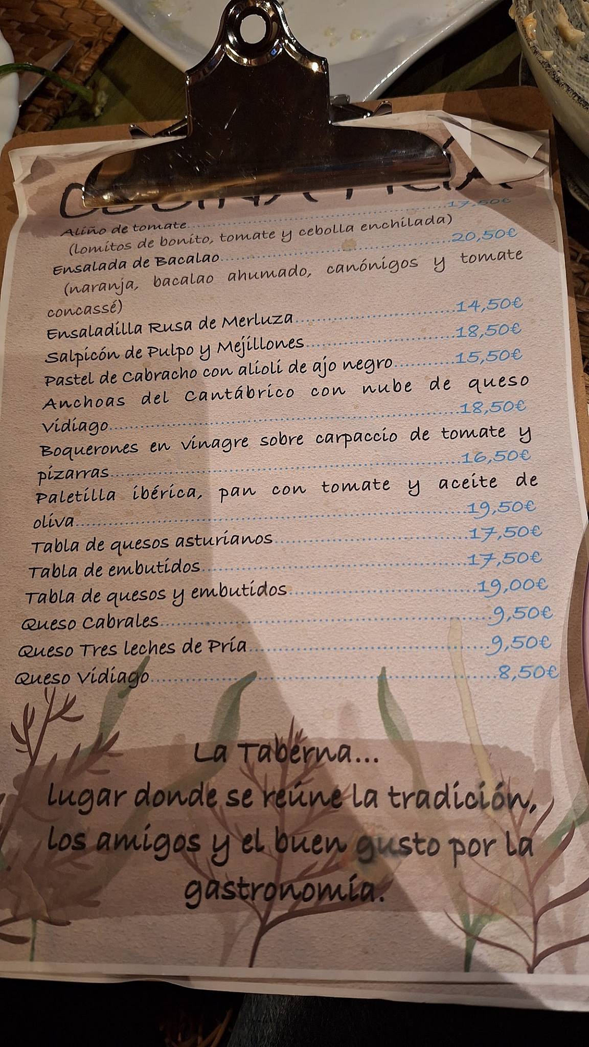 Carta del restaurante La Taberna del Javi, Llanes