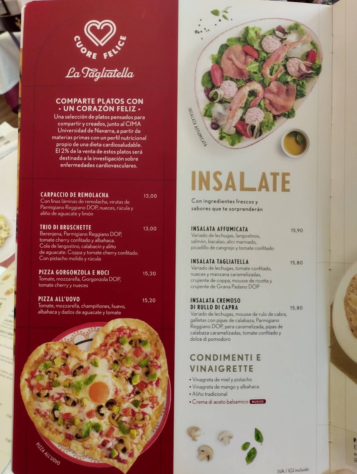 Carta del restaurante La Tagliatella, Barcelona, Av. Diagonal